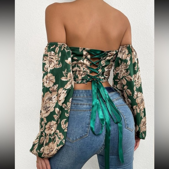Tops | Boho Green Floral Print Lace Up Back Satin Bustier Corset Tube ...